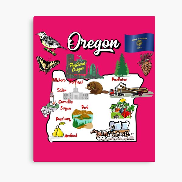"illustrated Map of Oregon state in US with major Cities and symbols ...