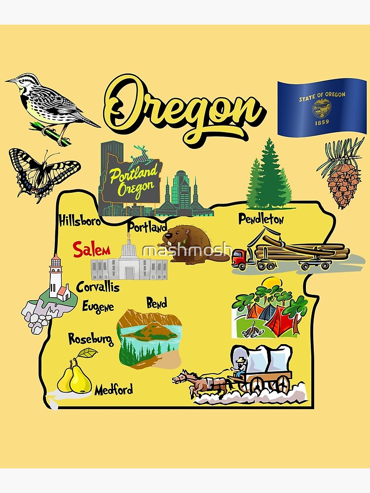 "Hand Drawn Illustration of Oregon Map with Tourist Destinations, USA ...