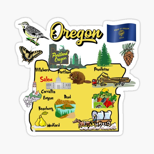 "Hand Drawn Illustration of Oregon Map with Tourist Destinations, USA ...