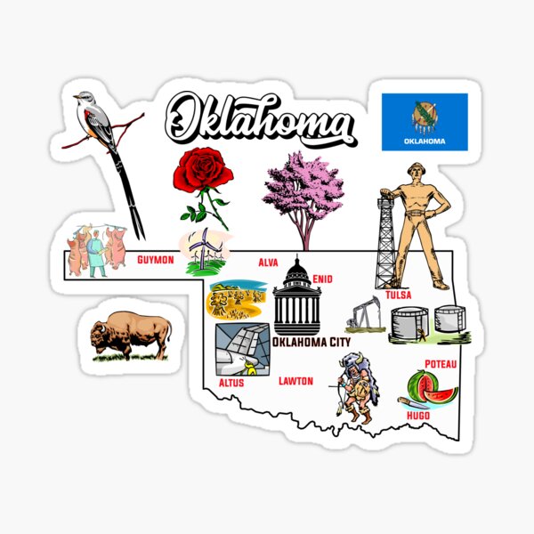 "Hand Drawn Illustration of Oklahoma Map with Tourist Destinations, USA ...