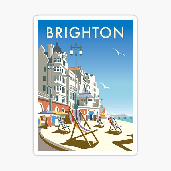 "Brighton England Vintage Travel poster" Sticker by Caravanstudio ...