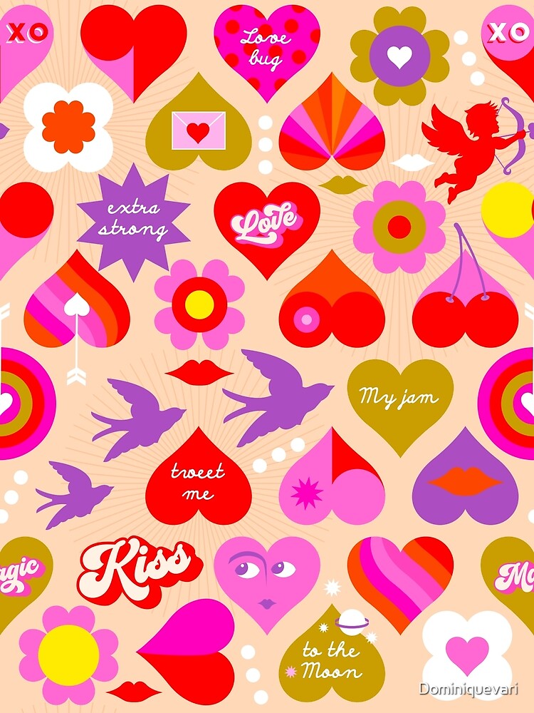 "Colourful Kitsch Heart Pattern 1 with iconic hearts, positive words ...