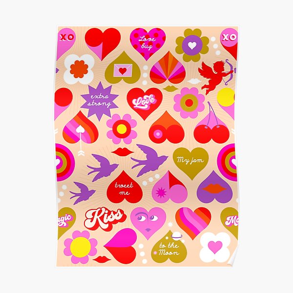 "Colourful Kitsch Heart Pattern 1 with iconic hearts, positive words ...