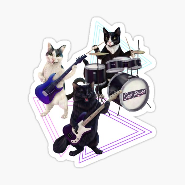 "Cat Racket- Cat band on guitar, bass, and drums" Sticker for Sale by ...