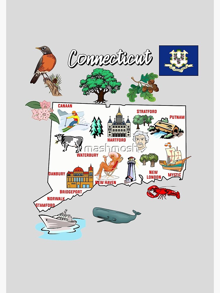 "Hand Drawn Illustration of Connecticut Map with Tourist Destinations ...