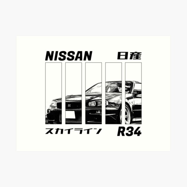"NISSAN SKYLINE GT-R R34 Black 'N White 3" Art Print for Sale by Cero81 ...