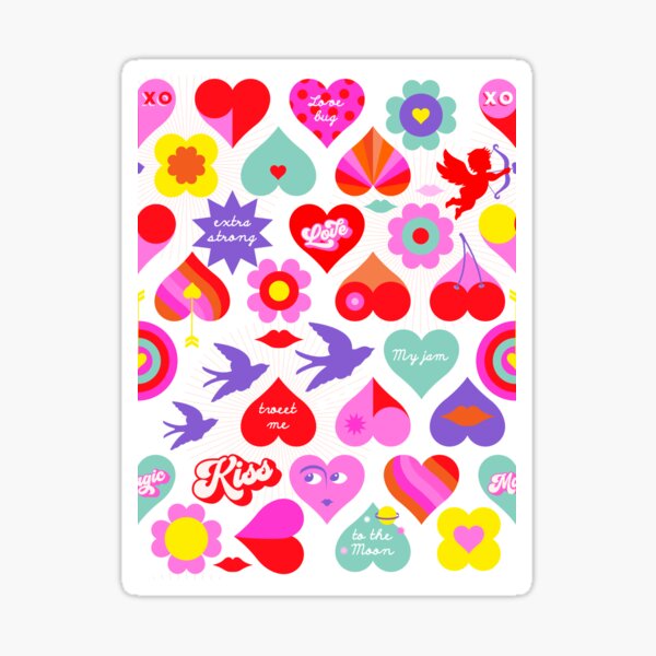 "Colourful Kitsch Heart Pattern 2 with iconic hearts, positive words ...