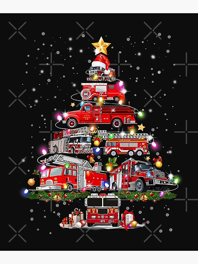 "Firefighter Christmas Tree Fire Truck Xmas Fireman Red Retro" Poster ...