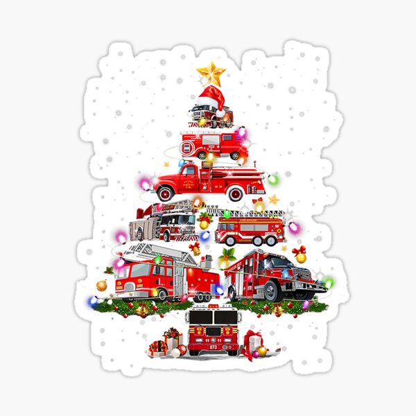 "Firefighter Christmas Tree Fire Truck Xmas Fireman Red Retro" Sticker ...