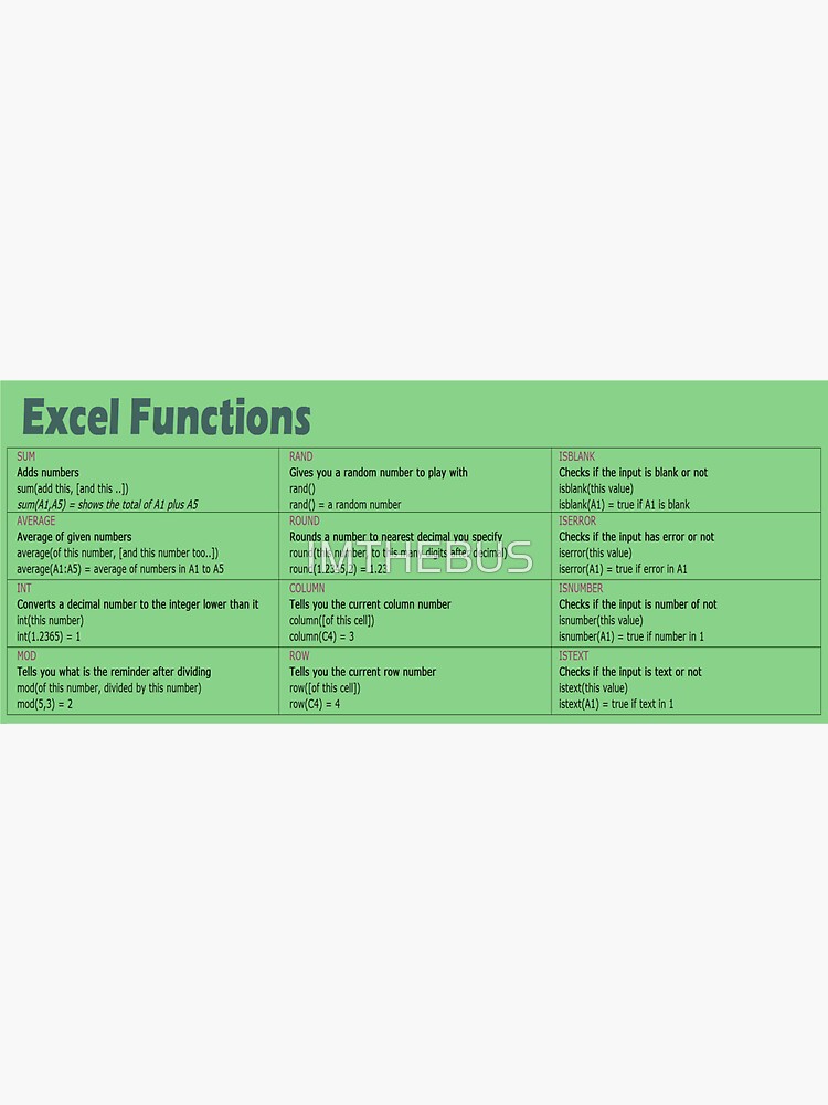 "Excel formula cheat sheet 2" Sticker for Sale by IMTHEBUS | Redbubble