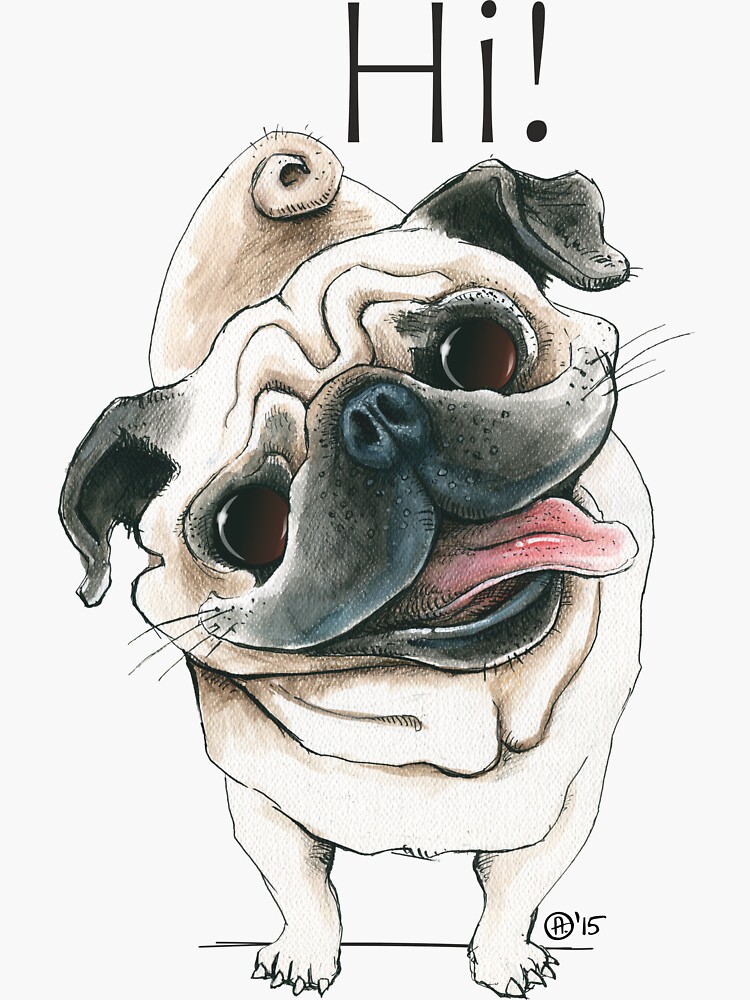"Hi! ( pug-dog, light / white background )" Sticker by AnnaSokolska ...