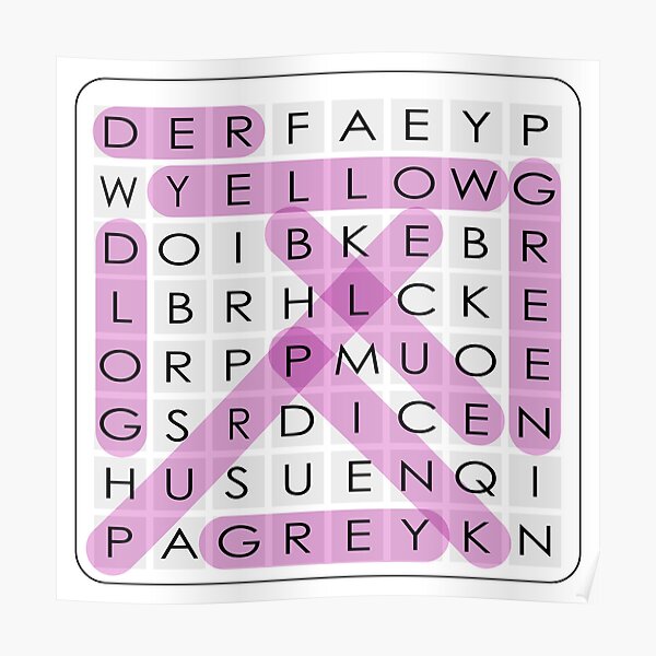 "Colour themed wordsearch with answers highlighted in pink" Poster by ...