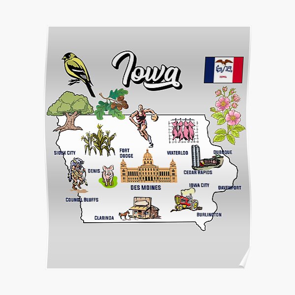 "illustrated Map of Iowa in US with the major Cities, symbols and ...