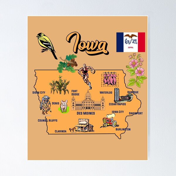 "Hand Drawn Illustration of Iowa state Map with Tourist Destinations ...
