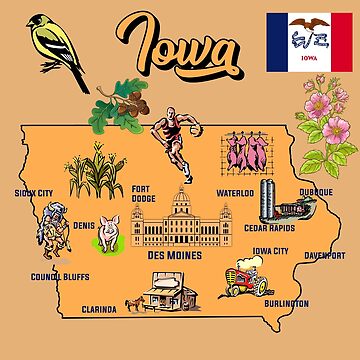 "Hand Drawn Illustration of Iowa state Map with Tourist Destinations ...