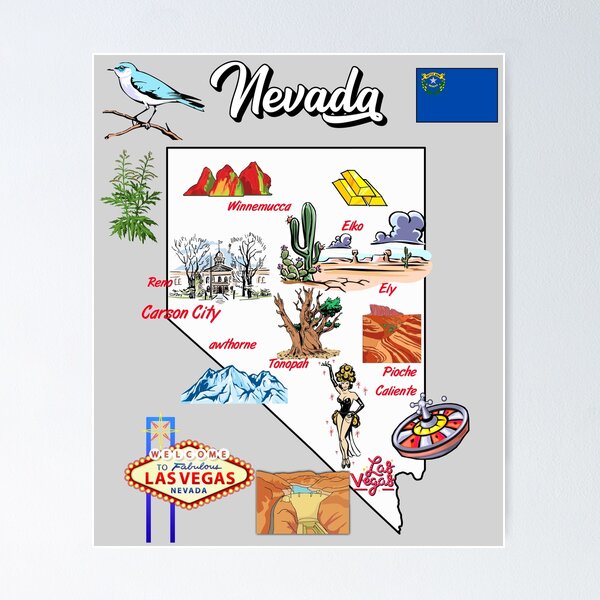 "illustrated Map of Nevada in US with the major Cities, landmarks and ...