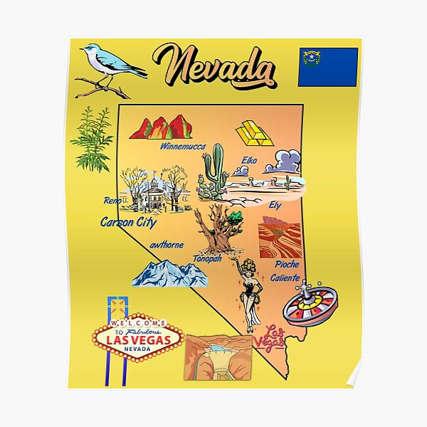 "Hand Drawn Illustration of Nevada state Map with Tourist Destinations ...