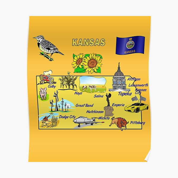 "Hand Drawn Illustration of Kansas Map with Tourist Destinations ...