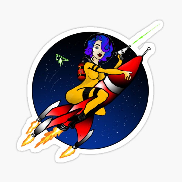 "Pin up space age woman riding red rocket blue purple Hair pop art ...