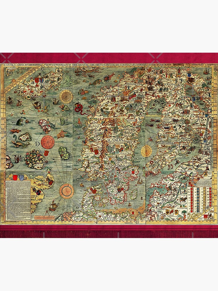 CARTA MARINA 1539 ANTIQUE MAP OF SEA CREATURES IN WATERS OF NORWAY AND ...