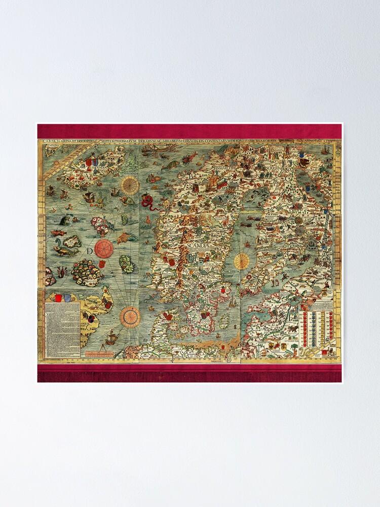 "CARTA MARINA 1539 ANTIQUE MAP OF SEA CREATURES IN WATERS OF NORWAY AND ...