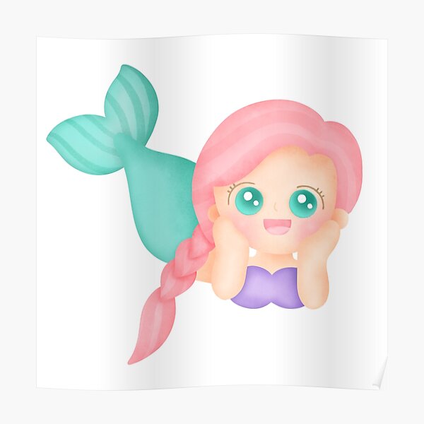 "Kawaii Mermaid Pastel Pink Hair Chibi Girl Mermaid Tail" Poster by ...