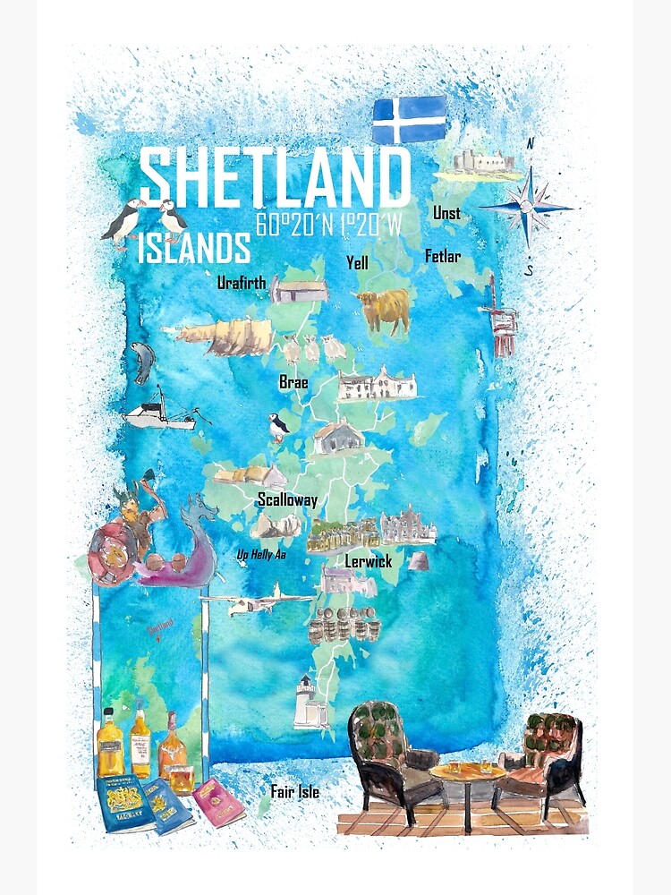 "Shetland Islands Illustrated Travel Map with Touristic Highlights ...