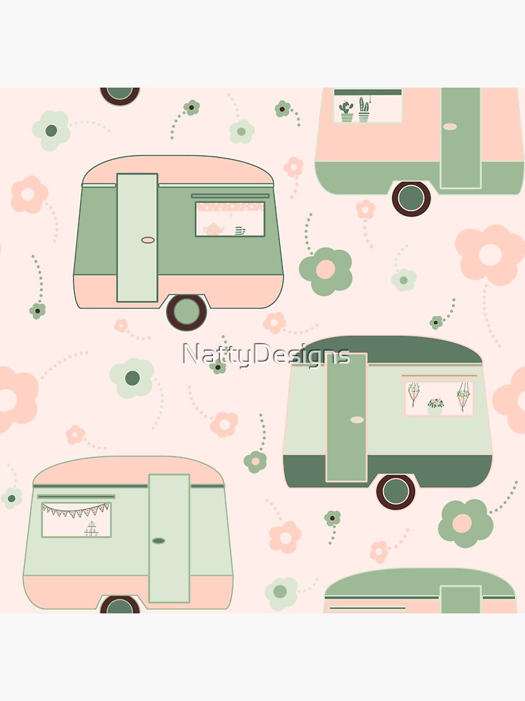 "Repeat pattern of cute vintage caravans in pastel pinks and greens ...