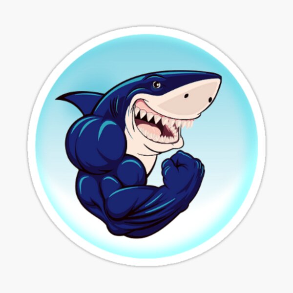 "BLUE MUSCULAR SHARK FLEXING BICEPS INSIDE A WATER BUBBLE " Sticker for ...