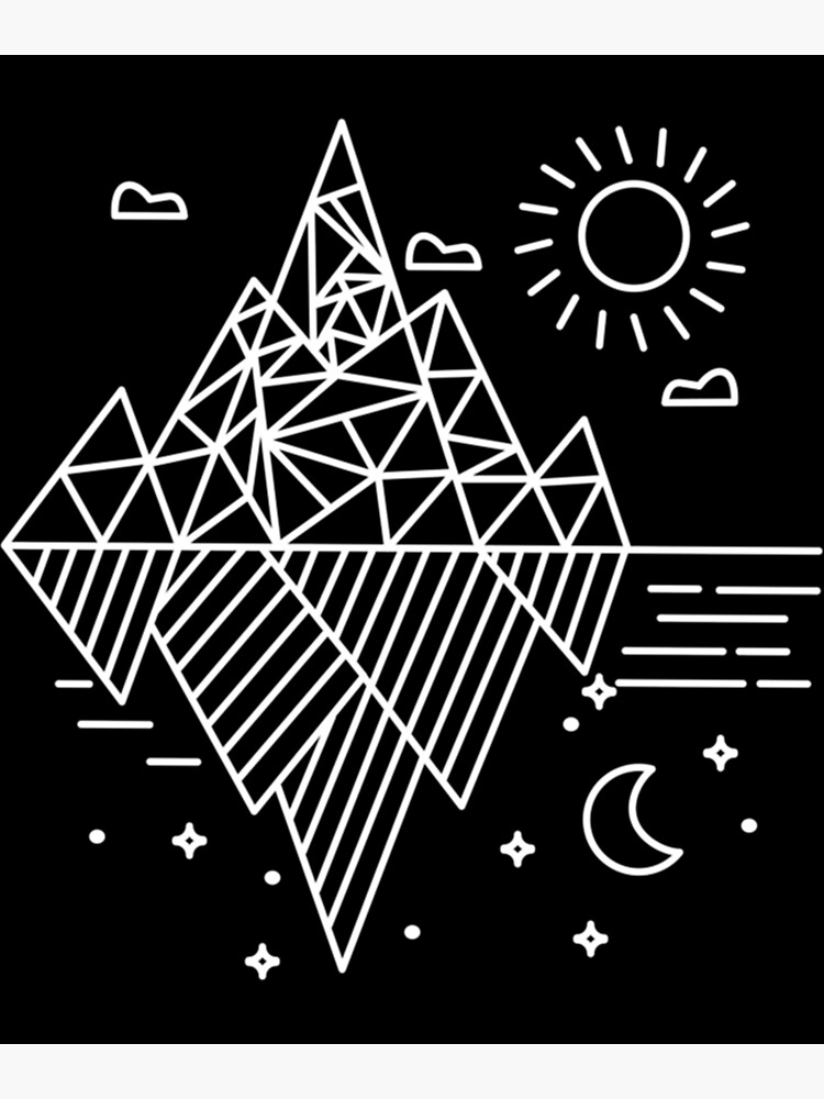 "Geometric Mountains Line Art Sun Moon Water Reflections Landscape ...