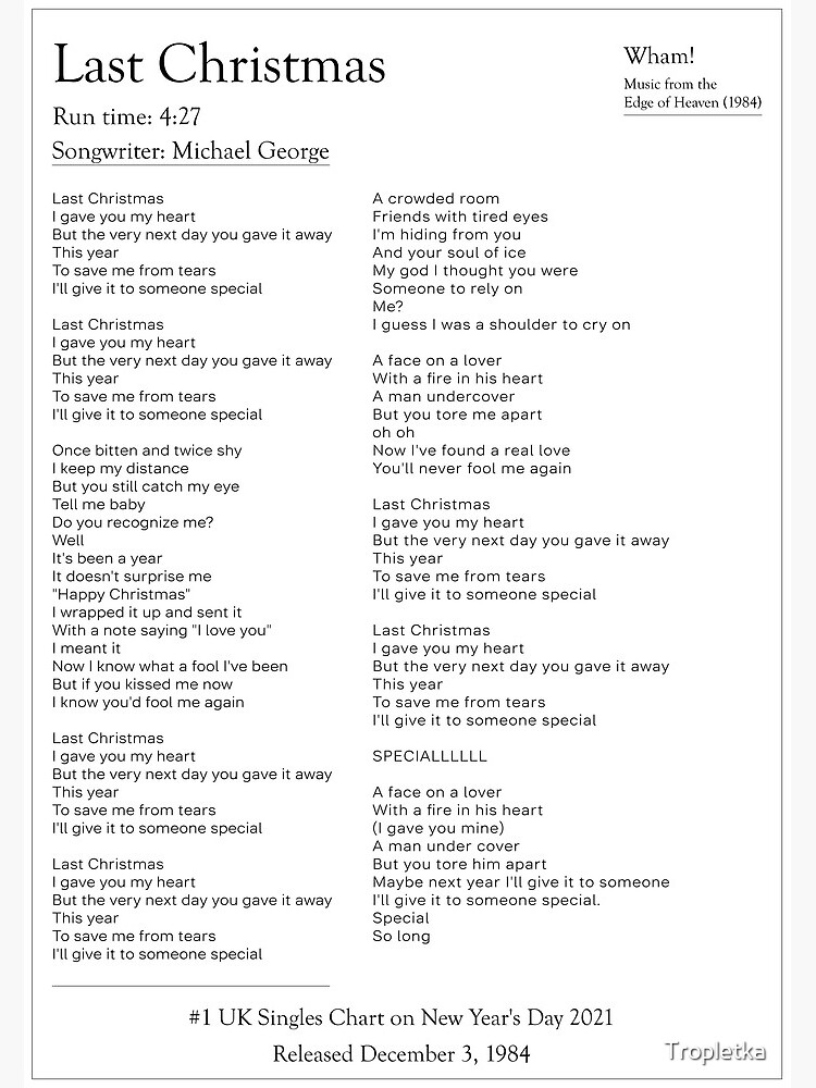 "Wham Last Christmas Lyrics Digital Wall Art, Michael George, Song ...