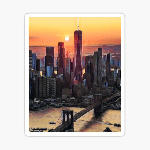 "Sunset Over Manhattan Skyline" Sticker by Sofia-Draws | Redbubble