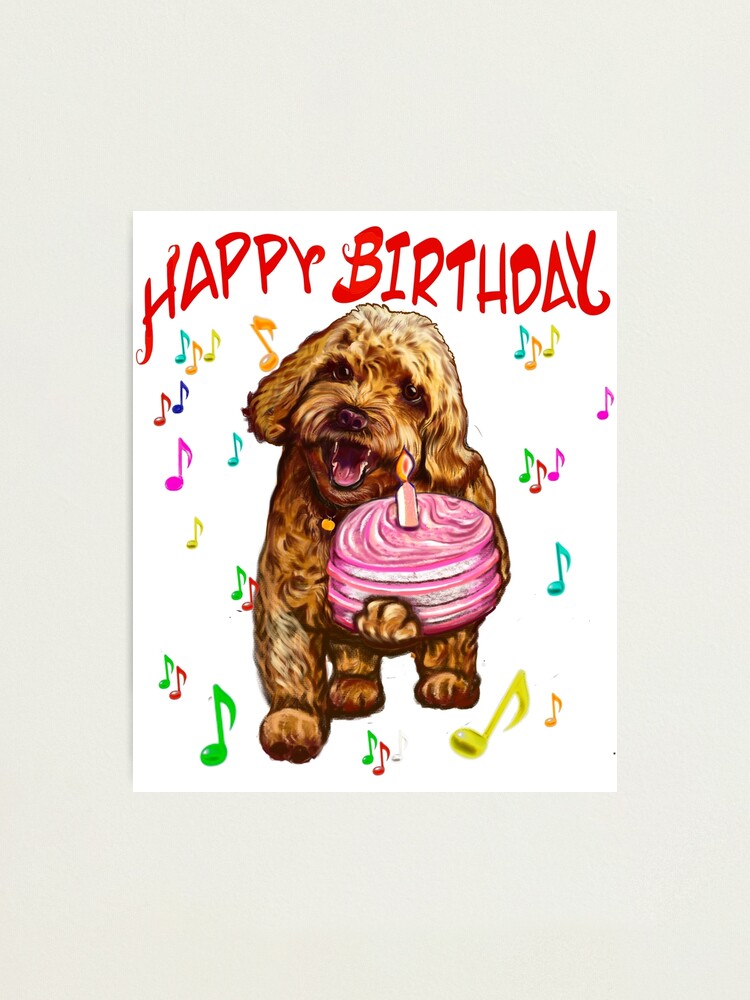 "Happy birthday greetings, - Cavapoo puppy dog With birthday cake and ...