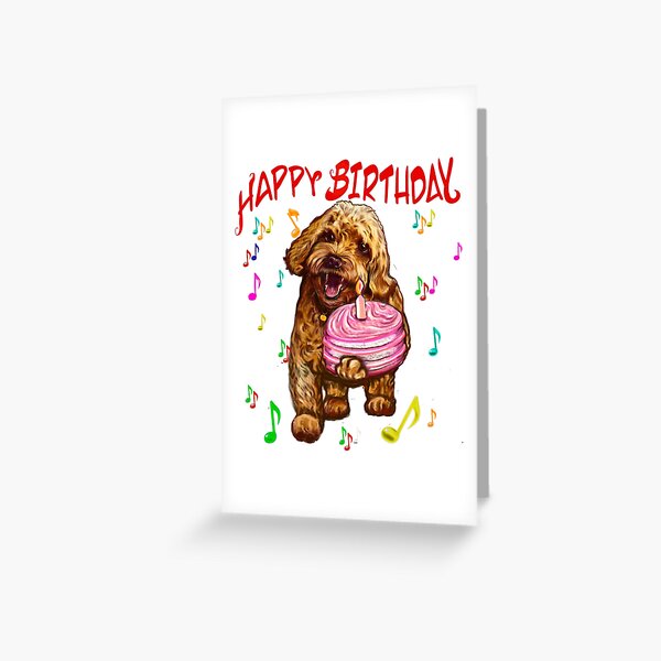 "Happy birthday greetings, - Cavapoo puppy dog With birthday cake and ...