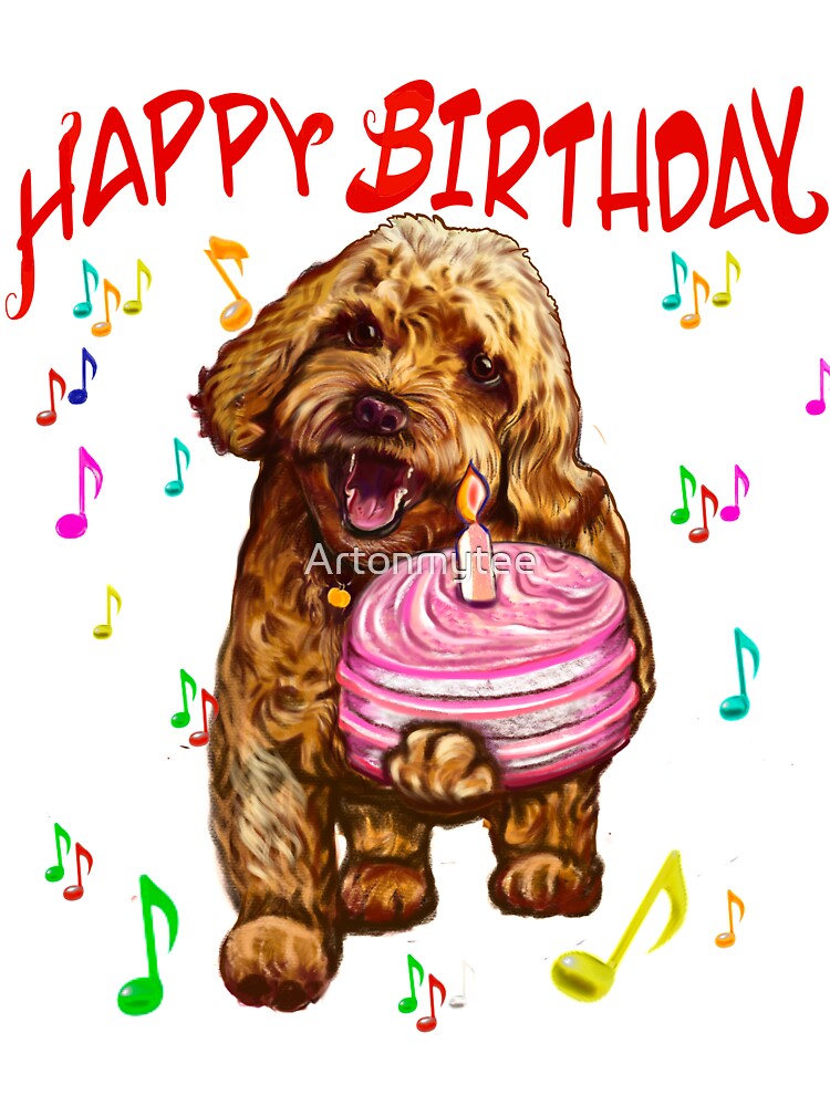 "Happy birthday greetings, - Cavapoo puppy dog With birthday cake and ...
