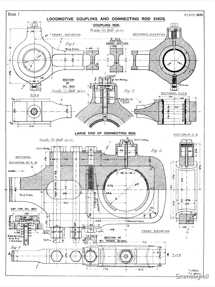 "Vintage drawing of locomotive coupling rods from an Edwardian textbook ...