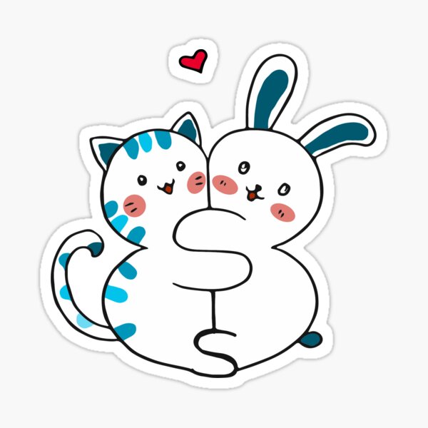 "Cat and bunny hug, cat and rabbit" Sticker for Sale by OUCHI ART ...