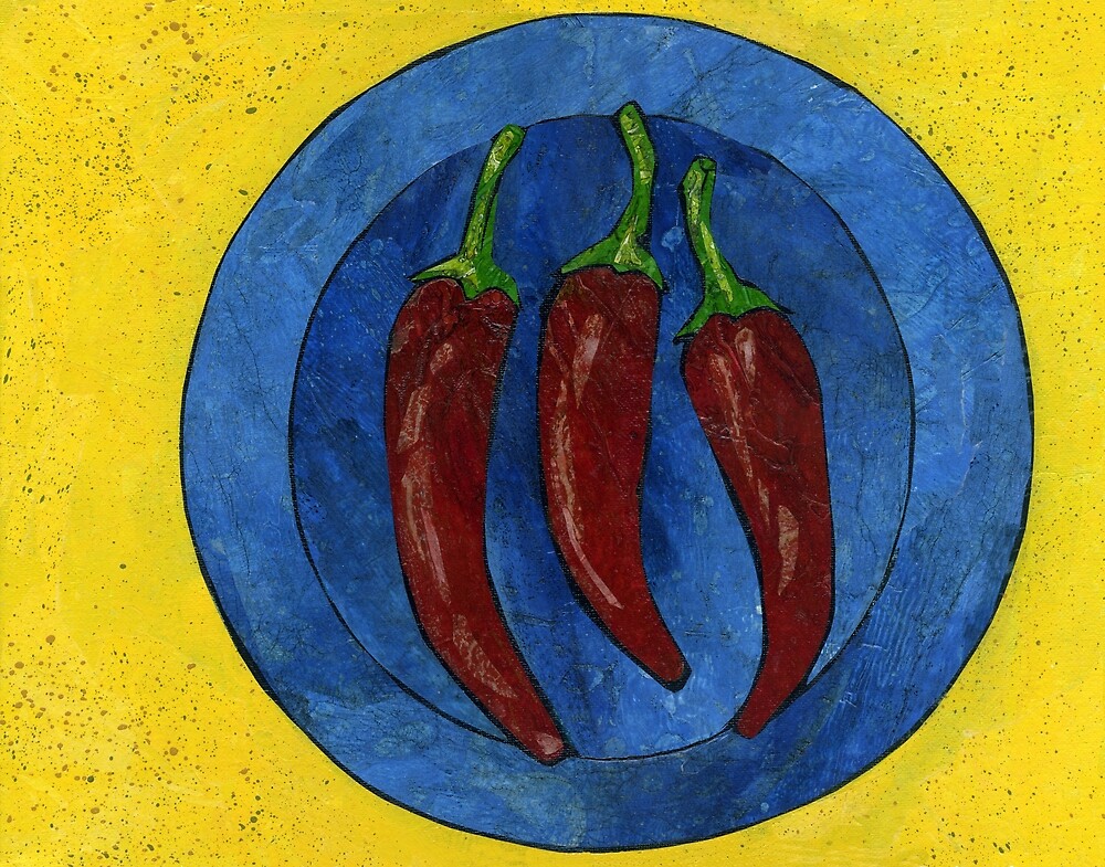 "Three Red Chillis on a Blue Plate" by Barbara Nye | Redbubble