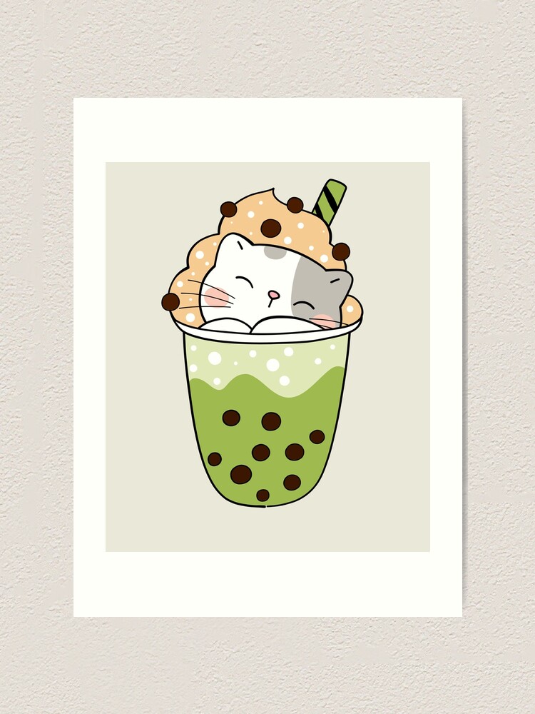 "Happy cat boba matcha bubble tea kawaii" Art Print for Sale by ...
