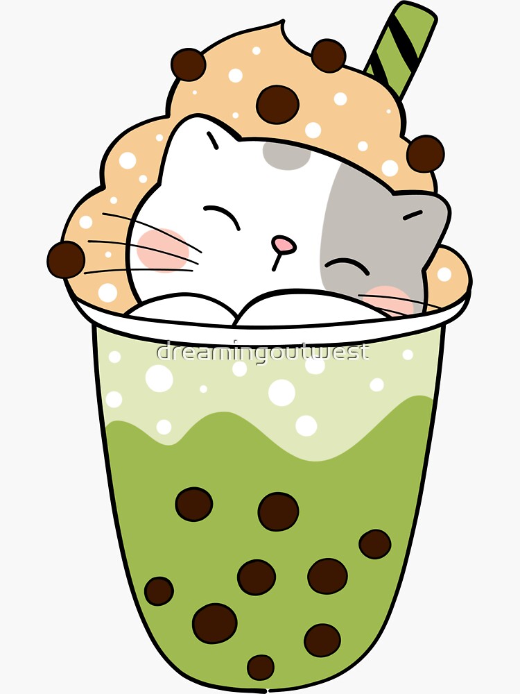 Pegatina «Gato feliz boba matcha bubble tea kawaii» de dreamingoutwest ...
