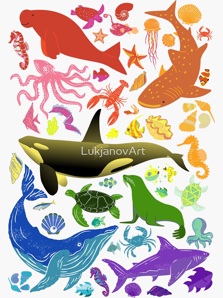 "Multicoloured rainbow ocean animal sea creatures" Sticker for Sale by ...