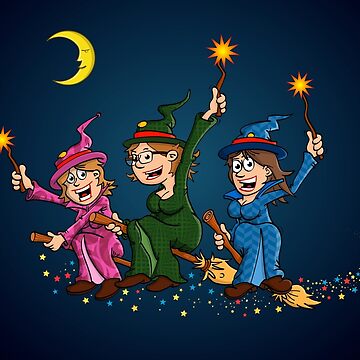 "Funny illustration of three witches flying on a witch's broom" Sticker ...
