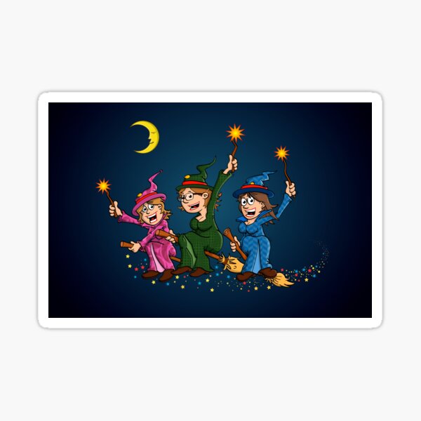 "Funny illustration of three witches flying on a witch's broom" Sticker ...