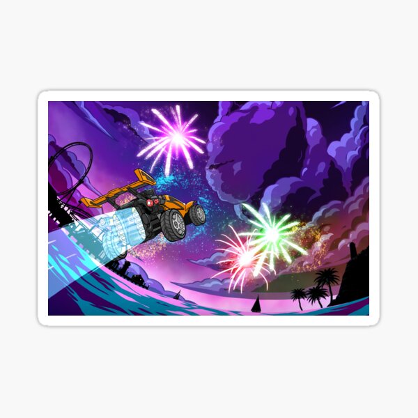 "Flying car poster on fireworks background" Sticker by RocketCarShop ...