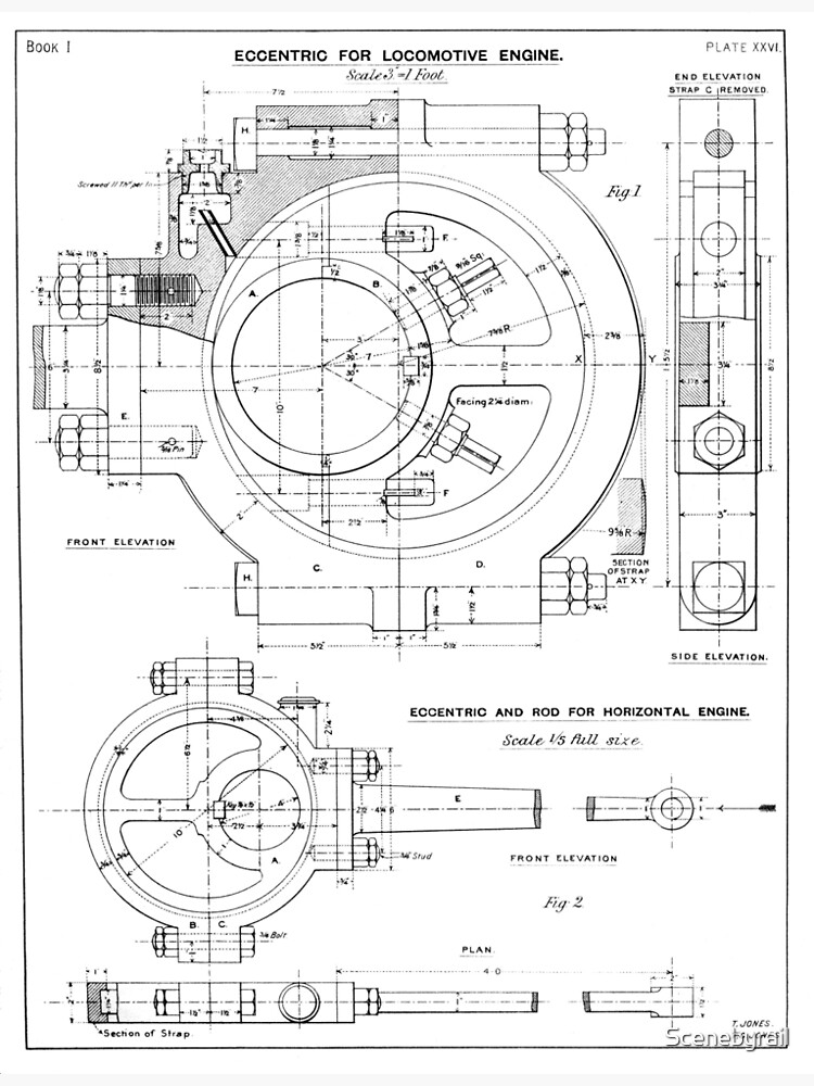 "Vintage drawing of locomotive eccentric coupling rods from an ...