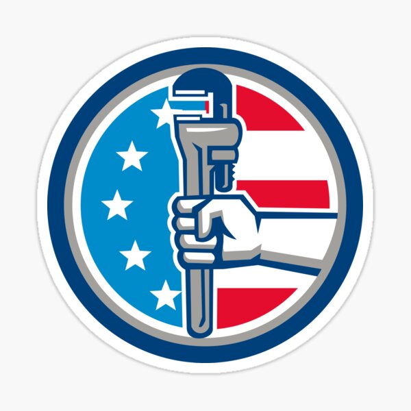 "Plumber Hand Pipe Wrench USA Flag Upright Circle Retro" Sticker for ...