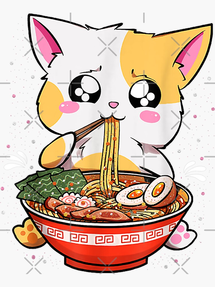 "Ramen Eating Cat Kawaii Anime Baka Japanese" Sticker by RyanMcCarthy ...