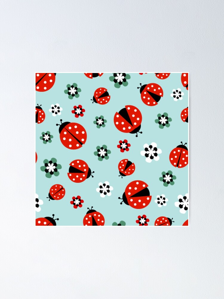 "Ladybugs with flowers on light blue seamless " Poster for Sale by ...