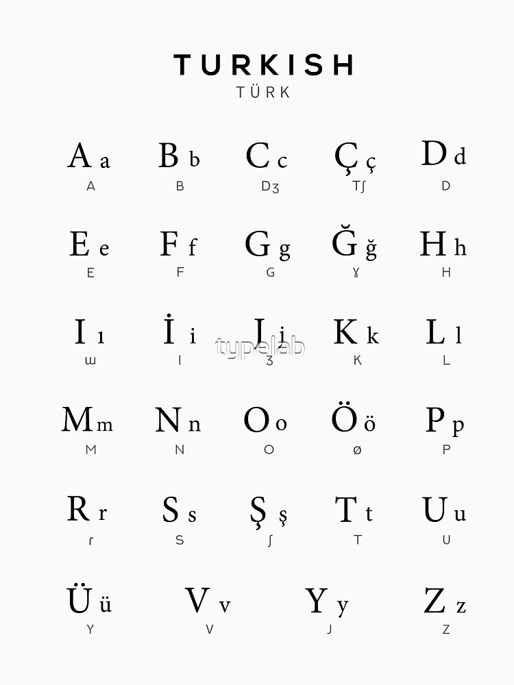"Turkish Alphabet Chart, Turkey Language Chart, White" T-shirt by ...