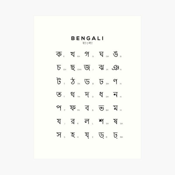"Bengali Alphabet Chart, Bengali Language Chart, White" Art Print for ...